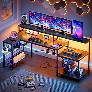 Bestier Gaming Desk with Power Outlets, 71.5 LED Computer Desk with Long Monitor Stand, Large L Shaped Corner Desk with Storage Shelf, Cup Holder Headset Hooks, Cool Desk for Gaming Room, Black