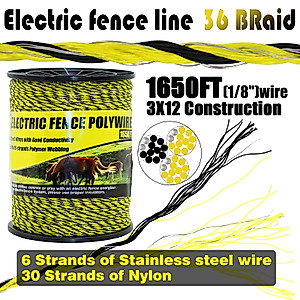 BESTEEL Upgraded Electric Fence Poly Wire 1650 Feet 500 Meters, 1/8" Diameter Portable Electric Fencing Polywires, 6 Stainless Steel Strands for Reliable Conductivity and Rust Resistance UV Resistant