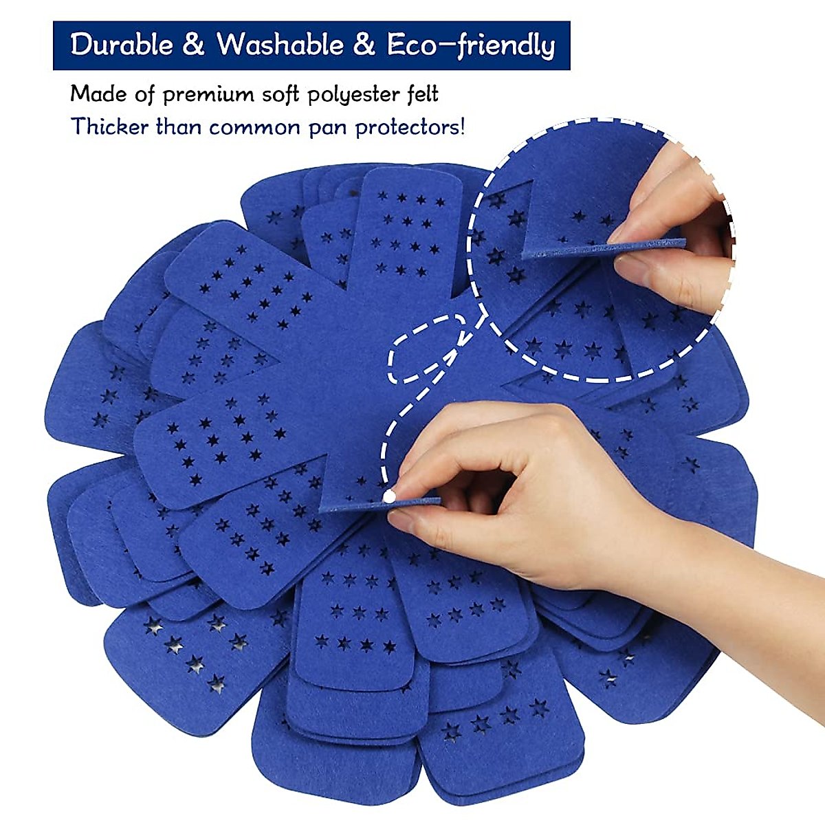 BYKITCHEN Pan Pot Protectors, Larger & Thicker Pan Protector with Stars, Set of 12 and 3 Different Sizes, Blue Pot Separator Pads for Stacking and Protecting Your Cookware