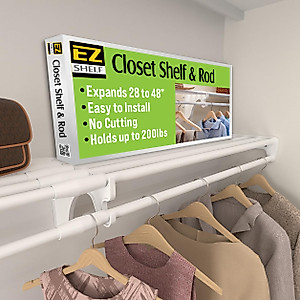 EZ Shelf DIY Expandable Closet Shelf & Rod - 28” - 48” - White - Mounts to 2 Sidewalls (No End Brackets) - Easy to Install-Strong - Wire Shelving Alternative - Rod & Shelf Kit (EZS-SCRW48)