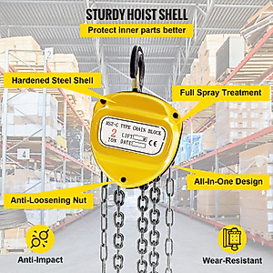 BestEquip Chain Hoist 4400lbs/2ton Chain Block Hoist Manual Chain Hoist 3m/10ft Block Chain Hand Chain Lifting Hoist w/Two Hooks Chain Pulley Tackle Hoist Winch Lifting Pulling Equipment Yellow