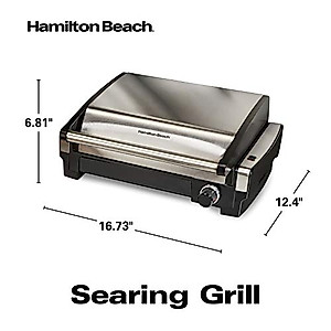Hamilton Beach Electric Indoor Searing Grill with Adjustable Temperature Control to 450F, Removable Nonstick Grate, 118 sq. in. Surface Serves 6, Stainless Steel