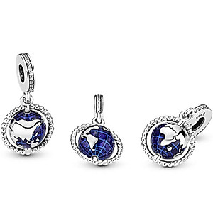 MiniJewelry Blue Spinning Globe Dangle Charm fits Pandora Moments Bracelets Women Sterling Silver Bead