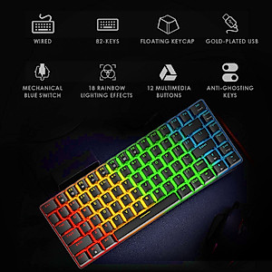XINMENG Wired Gaming Keyboard and Mouse Combo, Compact 82 Keys RGB Blackit Mechanical Keyboard and Adjustable 8000DPI Lightweight Honeycomb Design Mouse, Spill-Resistant for Desktop, Computer, PC