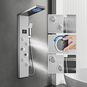 OUGOO Shower Panel System with LED Lights Rainfall Mist Shower, Body Jets, Handheld and Tub Spout, Shower Tower Column with Temp Display No Battery Needed, 304 Stainless Steel Brushed