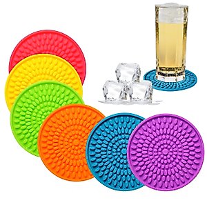 Colorful Coasters for Drinks Absorbent, Rubber Drink Coaster Set, Silicone Rainbow Coasters for Kids Coffee Table Desk, 4.3 Inch Oval Shape Deep Tray Pot Holder Trivet (Set of 6)