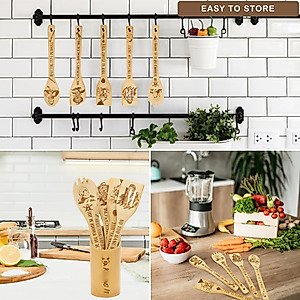 6Pcs Horror Movie Character Cooking Gift Set Wooden Spoons Utensils with Matching Holder - Halloween Movie Merchandise Laser Engraved Bamboo Spoons Set for Horror Movie Gifts, Horror Movie Party Decor