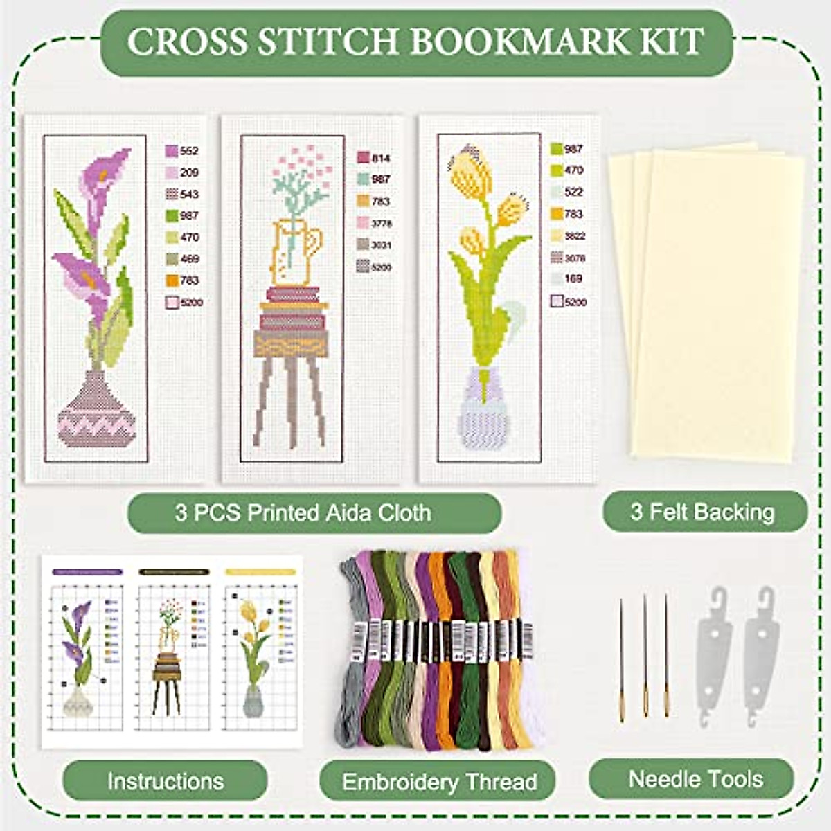 Caydo 3 Pieces Cross Stitch Bookmark Kits, Flowers Stamped Embroidery Bookmark with Backing Felt and Instructions Beginner Cross Stitch Kits for Adults, Book Lovers, 14 CT