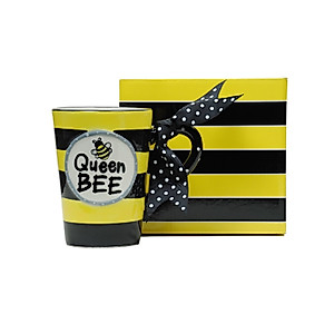 Whimsical Queen Bee 13 oz Coffee Mug with Polka Dot Bow on Handle Gift Boxed