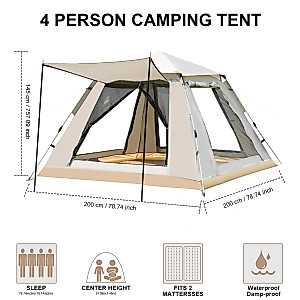 Pop Up Tents for Camping - Quick Setup Folding Tent | 2/3/4 Person Camping Tent for Hiking, Travel or Beach | Water Resistant Inflatable Tent