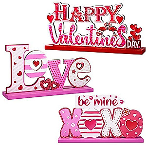 3 Valentine's Table Decoration Signs Be Mine Sign Love Happy Valentine Table Centerpiece Flamingo Wooden Party Decorations for Holiday Valentine's Dinner Party Coffee