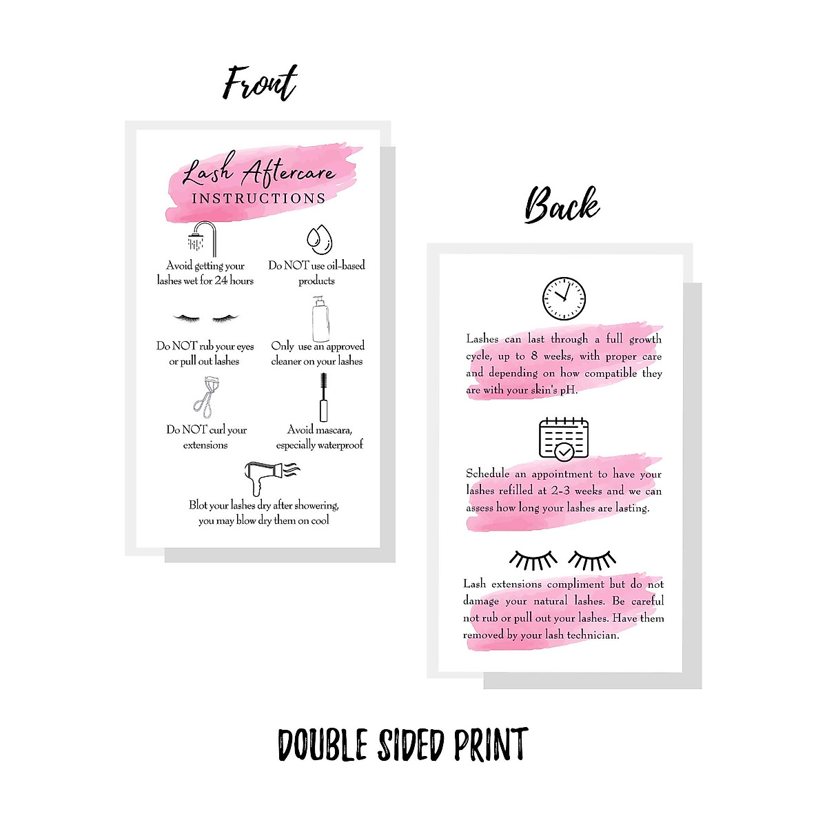 Lash Extension Aftercare Instructions Cards | 50 Pack | Double Sided Size 3.5 x 2" inches After Care (2-3 Week Fillers) | White with Pink Watercolor Design