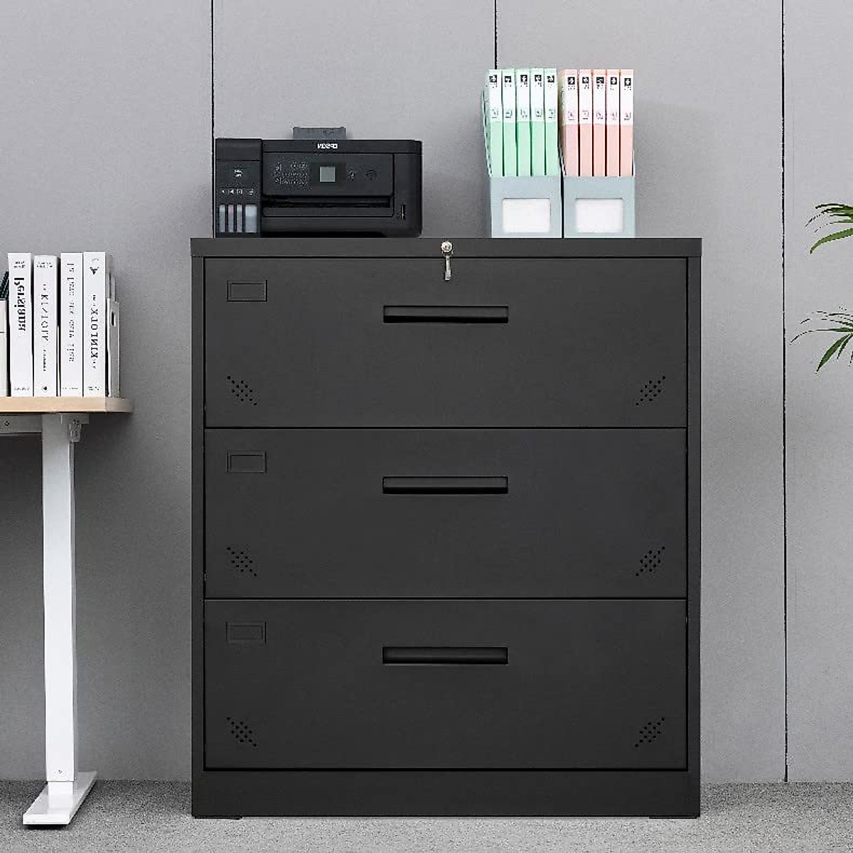 GREATMEET 3 Drawer Lateral File Cabinet with Lock,Heavy Duty Metal Lateral File Cabinet, for Legal Letter Files,Disassemble,Black (3 Drawers)