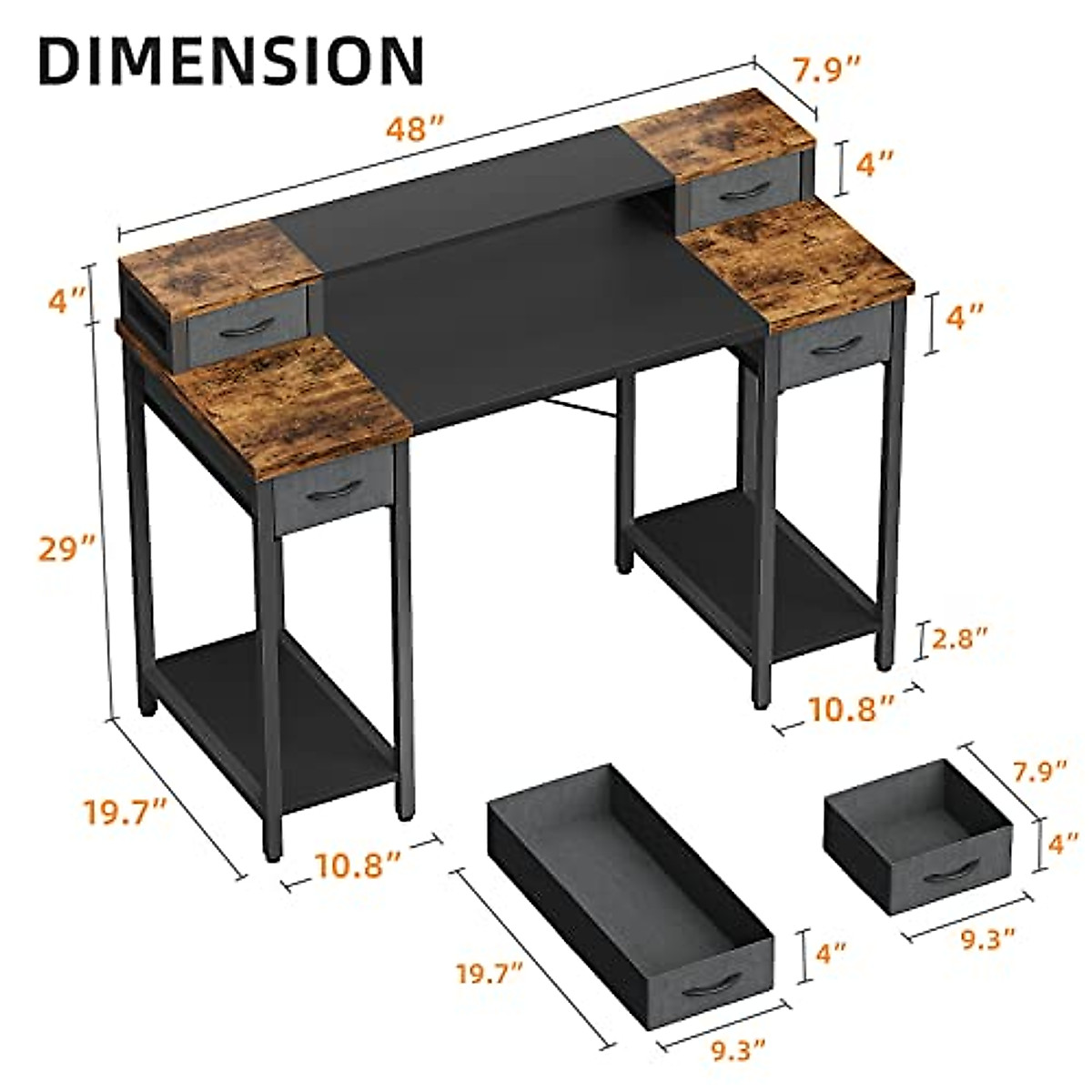 YAOHUOO Computer Desk with Dual Monitor Stands - 48'' Office Desk Writing Desk with 4 Drawers and Keyboard Storage, Work Desk with Dual PC Mainframe Shelves for Storage (Rustic Brown, 48)