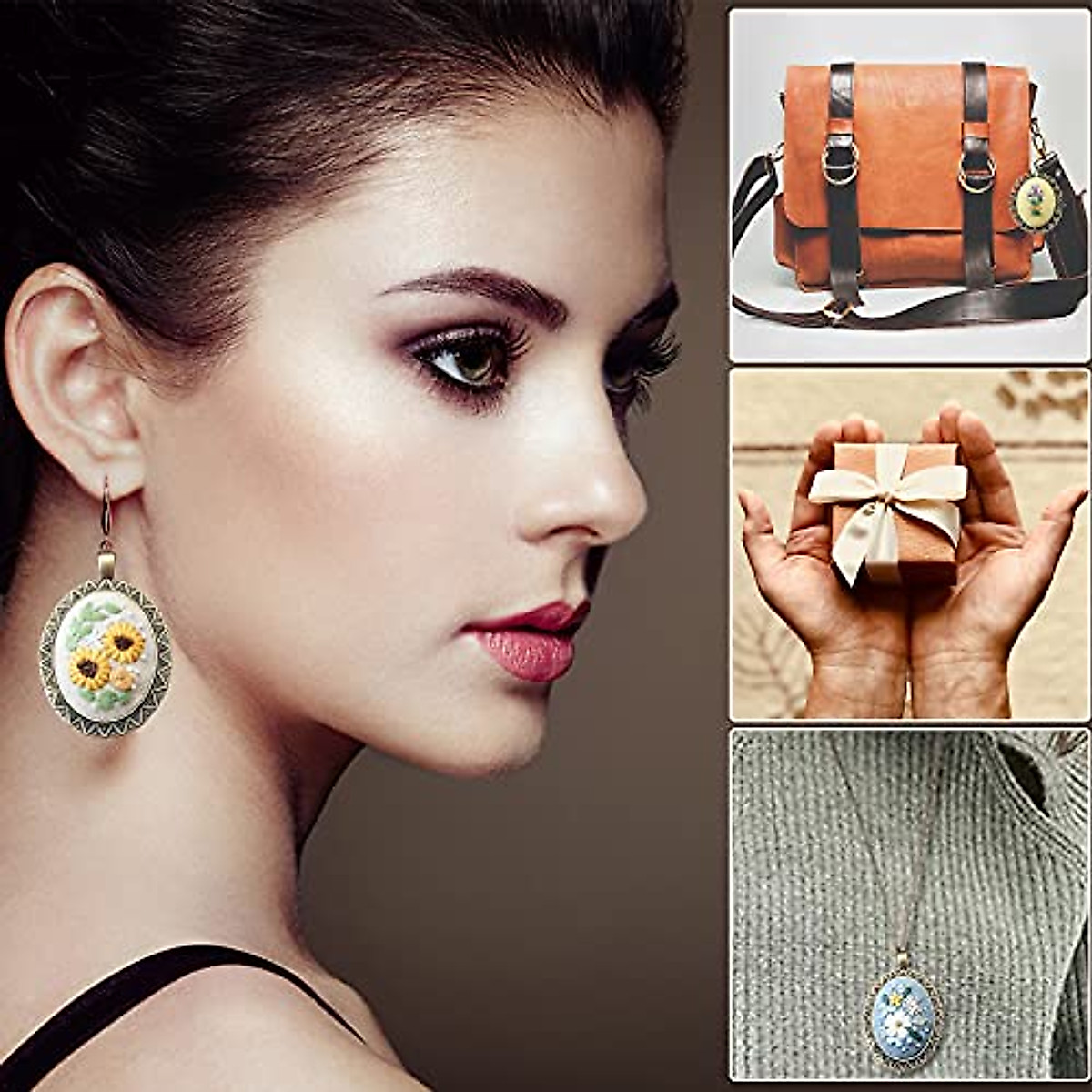 ZOCONE 4 Packs Embroidery Necklace Kit, Embroidery Pendant Kit Mini Cross Stitch Kit with Hoop, Necklace, Pendant, Stamped Pattern Cloth, Instructions, etc, Embroidery Kit for Adults