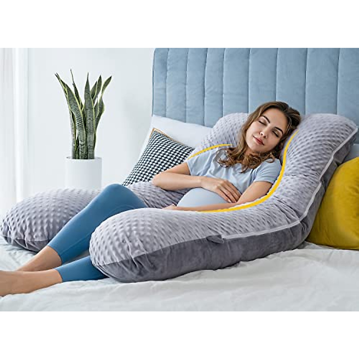 QUEEN ROSE Pregnancy Pillow, Maternity Pillow for Pregnant Women, 55 Inch U Shaped Full Body Pillow for Sleeping Support, Reversible Minky Dot Velvet Cover, Grey