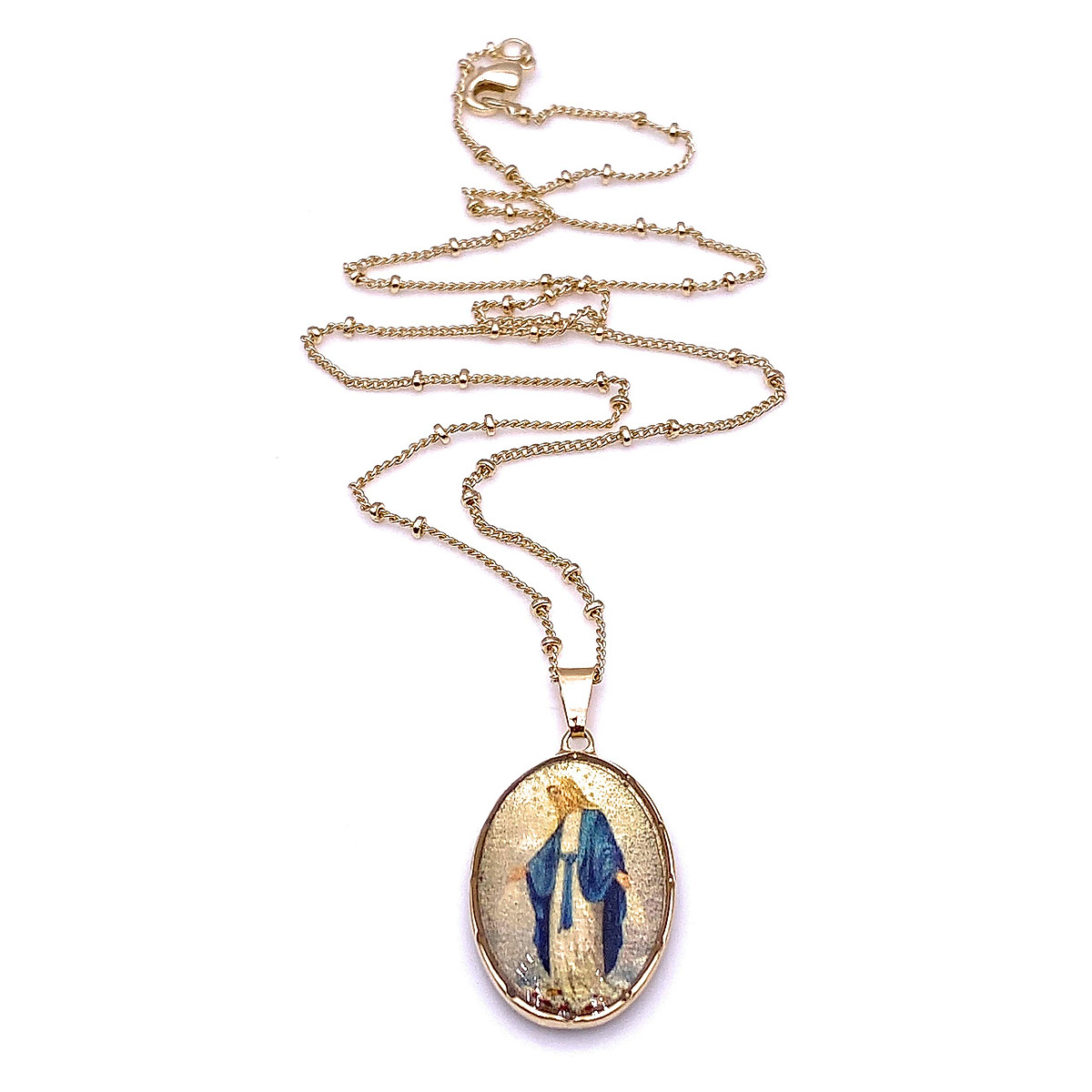 LESLIE BOULES Virgen La Milagrosa Pendant Necklace 18K Gold Plated Chain 18 Inches Length