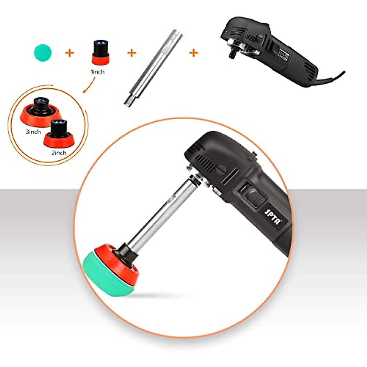 SPTA Mini Polishing Machine Buffer Rotary Polisher Auto Detailing Superpolish with 27Pcs Detail Polishing Pad Mix Size Kit Buffing Pad and 75mm,100mm,140mm M14 Thread Extension Shaft