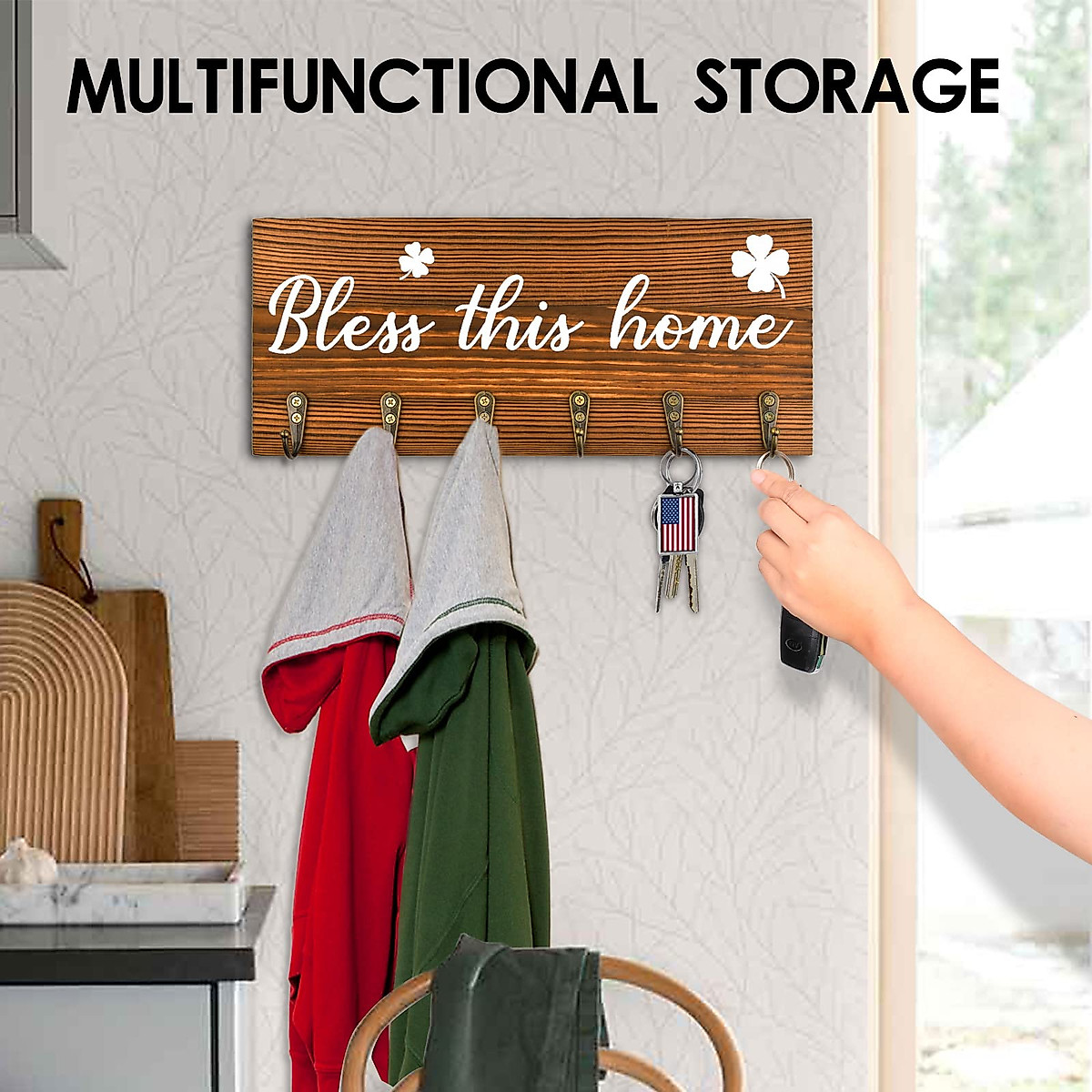 AHYS Key Holder Wall Mount Rustic Bless This Home Wall Decor Key Holder for Wall Key Hanger Key Rack with 6 Key Hooks Wall Key Holder for Entryway Living Room Bedroom - Brown