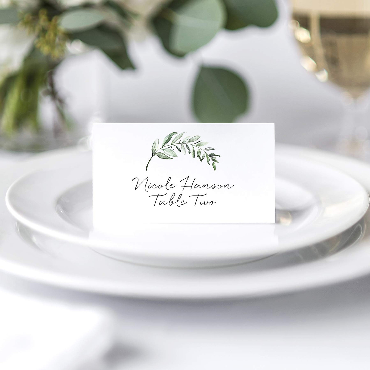 Bliss Collections Greenery Place Cards for Wedding or Party, Seating Place Cards for Tables, Scored for Easy Folding, 50 Pack, 2 x 3.5 Inches