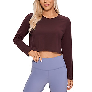 CRZ YOGA Pima Cotton Long Sleeve Shirts for Women Workout Crop Tops Loose Cropped T-Shirts Athletic Gym Shirts Dark Red Large