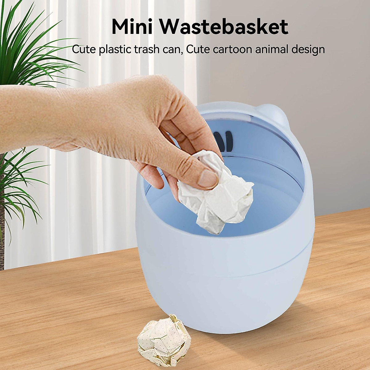 Cute Mini Desktop Trash Can, Cartoon Cat Animal Shape Waste Paper Bin with Swing Lid Mini Countertop Trash Can Small Garbage Can(Blue)