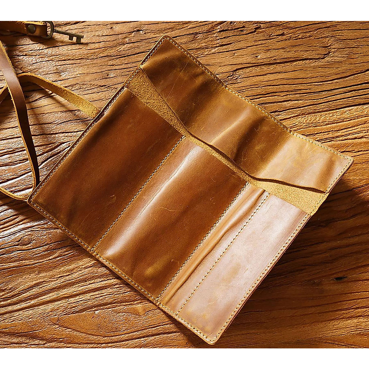 Acrecean Retro Genuine Leather Pencil Case, Rollup Pen, Pencil Pouch Wrap Foldable Tool, Pencil Storage Case for Adult Men & Women Office Work (Brown)