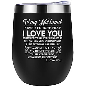 HAINANBOY Gift for Husband Wine Tumbler Anniversary Birthday Gift for Him, with Lid Stemless Double Wall Stainless Steel 12 oz Wine Glasses - Black Tumbler Present for Husband from Wife