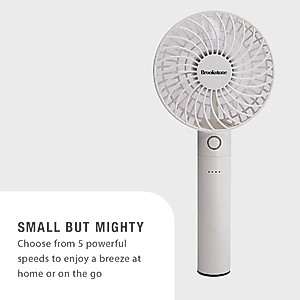 Brookstone Portable Mini Personal Fan with Power Bank | USB Rechargeable 2600mAh Battery | Handheld Desk Fan | Whisper Quiet 5-Speed