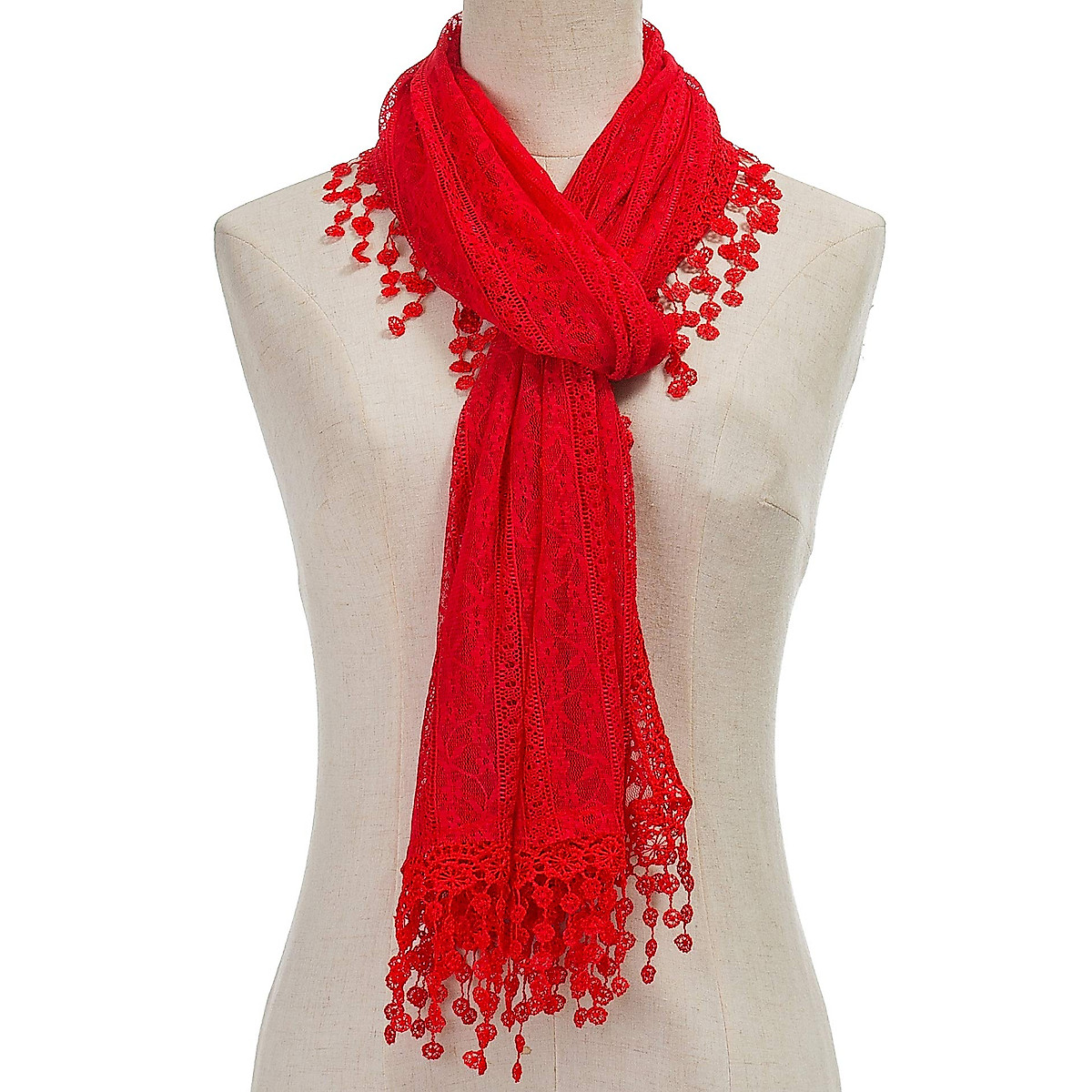 Cindy and Wendy Lightweight Soft Leaf Lace Fringes Scarf shawl for Women (Red-2)