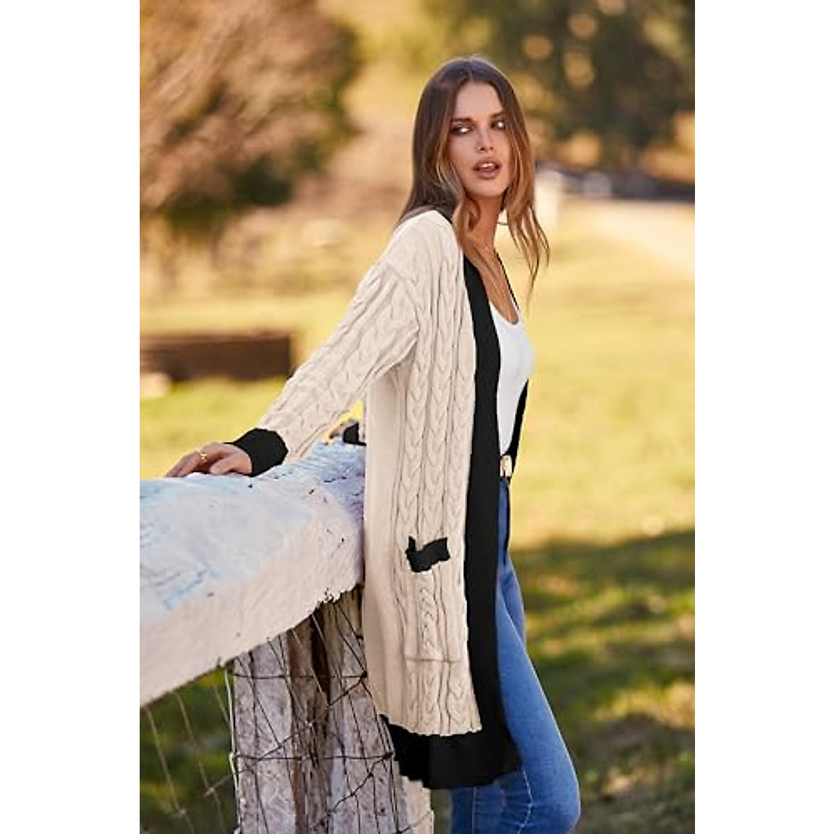 PRETTYGARDEN Women's 2024 Fall Cable Knit Cardigan Sweaters Casual Long Sleeve Open Front Loose Outerwear Coats (Beige,Medium)