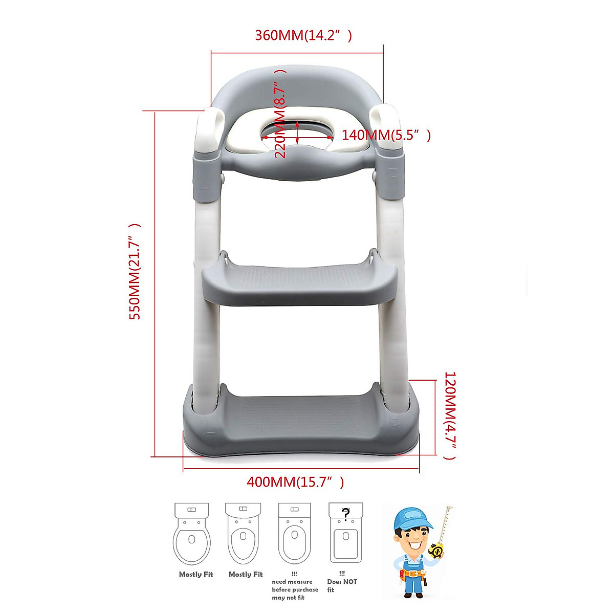 HTTMT- Classic Potty Training Toilet Ladder Seat With Upgraded Cushion Step Stool Ladder Toilet Chair/Toilet Trainer for Baby Toddler Kids Children In Gray [P/N: ET-BABY002-GRAY-C]