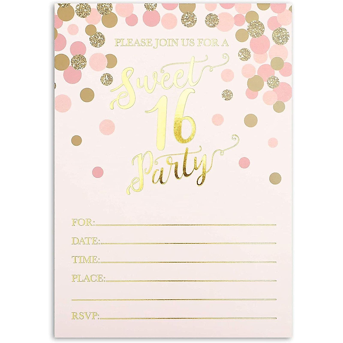 Sparkle and Bash 36-Pack Sweet 16 Birthday Party Invitations With Envelopes for RSVP Party (Pink & Gold, 7 x 5 In)