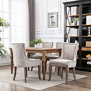 Merax Ultra Dining Chairs Set of 2,Swoop Arm,Curved Back Upholstery Design,Thickened Fabric Chairs with Solid Wood Legs and Bronze Nail Head,High Desnity Foam Seat Kitchen Furniture,Beige