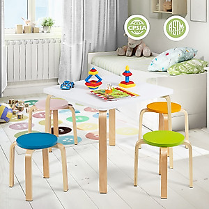 INFANS Kids Wooden Table and Stool Set, 5-Piece Activity Table with 4 Stools for Toddler Building Block Drawing Reading Art Crafts, Children Natural Furniture Set for Kindergarten Classroom