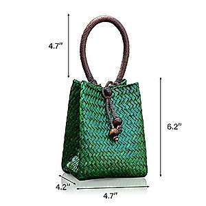 QTKJ Hand-woven Mini Retro Straw Handbag Bag Summer Beach Boho Rattan Tote Travel Bag with Wood Beaded Tassel Pendant (Green)