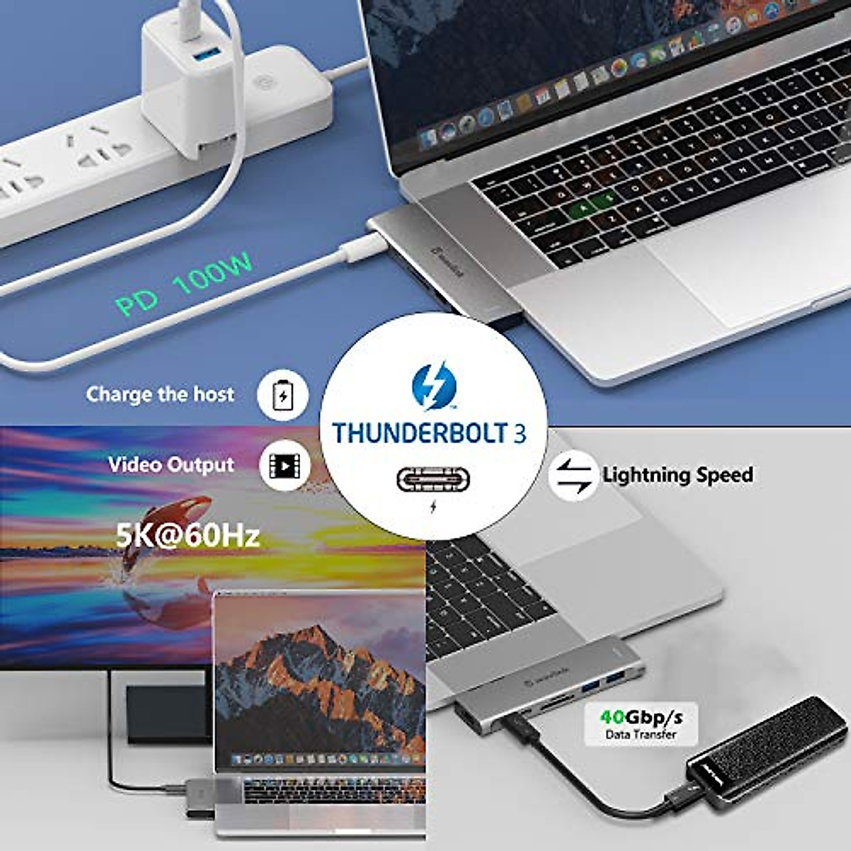 WAVLINK USB C Hub, 7-in-2 Type C Adapter Mini Docking Station with Thunderbolt 3 USB C Port, 4K HDMI, 2 USB 3.0, SD/TF Card Reader, 100W PD for MacBook Pro 2016-2020 MacBook Air 2018-2020