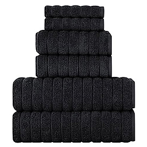 Classic Turkish Towels - Luxury Ribbed Towel Set for Bathroom, 100% Turkish Cotton, Quick Dry, Soft and Absorbent Bath, Hand, and Fingertip Towels, Brampton Collection - 6-Piece Set (Black)