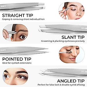 EXCLAIM BEAUTY Tweezers for Women & Men Pack of 4 Stainless Steel Tweezers Set, Precision Tweezers for Eyebrows Splinter Ingrown Hair Removal Tweezers Kit for Women with Leather Case – Silver