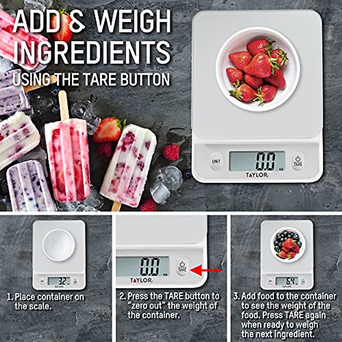 Taylor Glass Top Food Scale with Touch Control Buttons, 11 lb Capacity, Silver