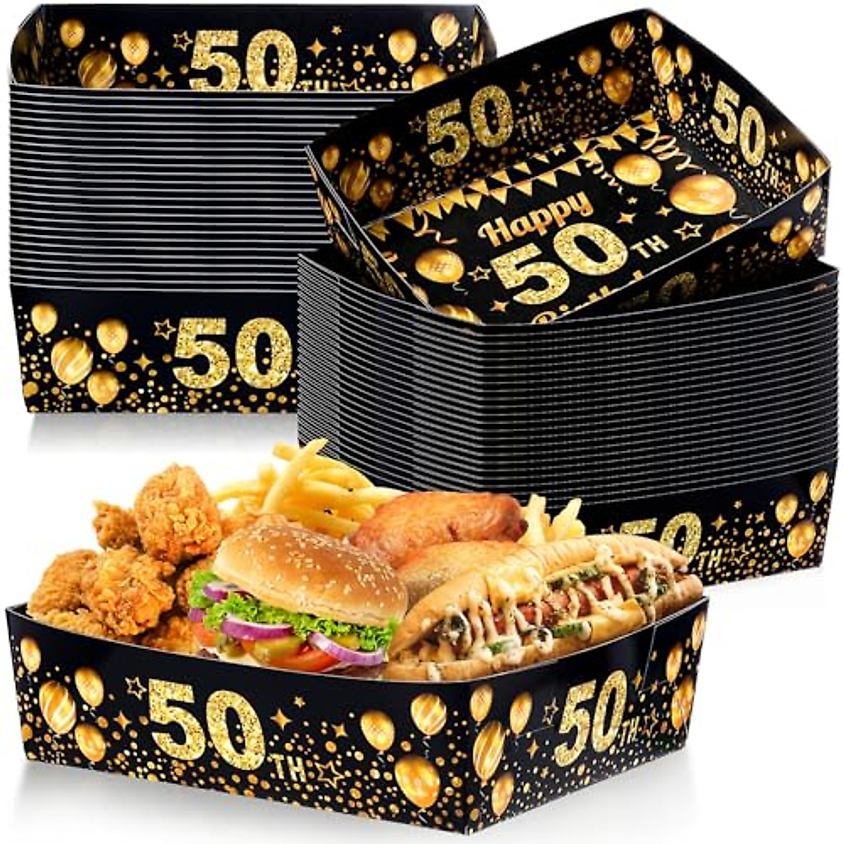 Tenceur 50 Pcs 50th Birthday Party Supplies Trays 5 lb Black and Gold Large Paper Boats for Food Disposable Snack Serving Nacho Trays for Men Women Happy 50 Years Birthday Party Supplies