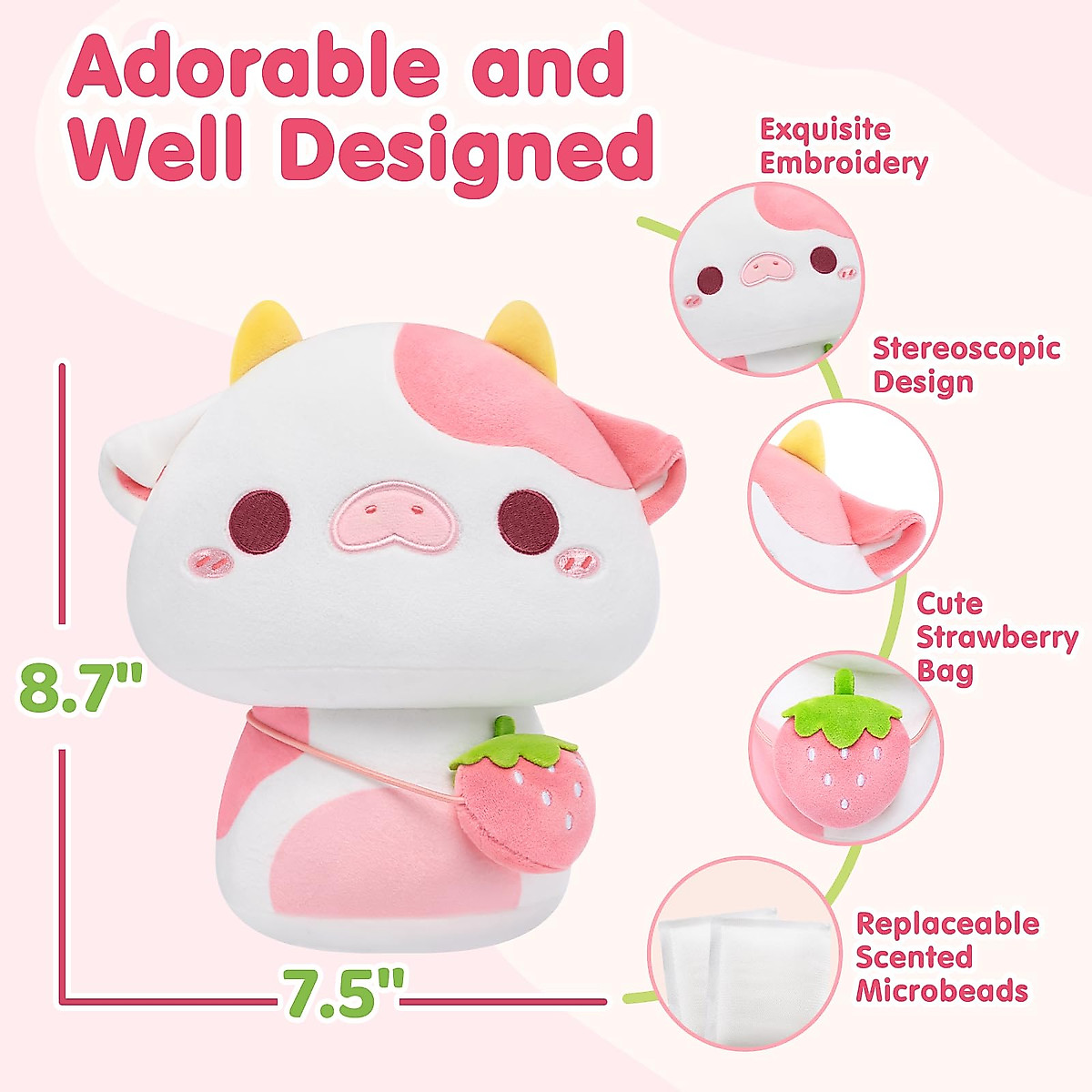Mewaii Scented Stuffed Animal, Cute Strawberry Cow Plush with Sweet Strawberry Scented Microbeads, Pink Strawberry Plush Toy for Hugging Plush & Decor Pillow