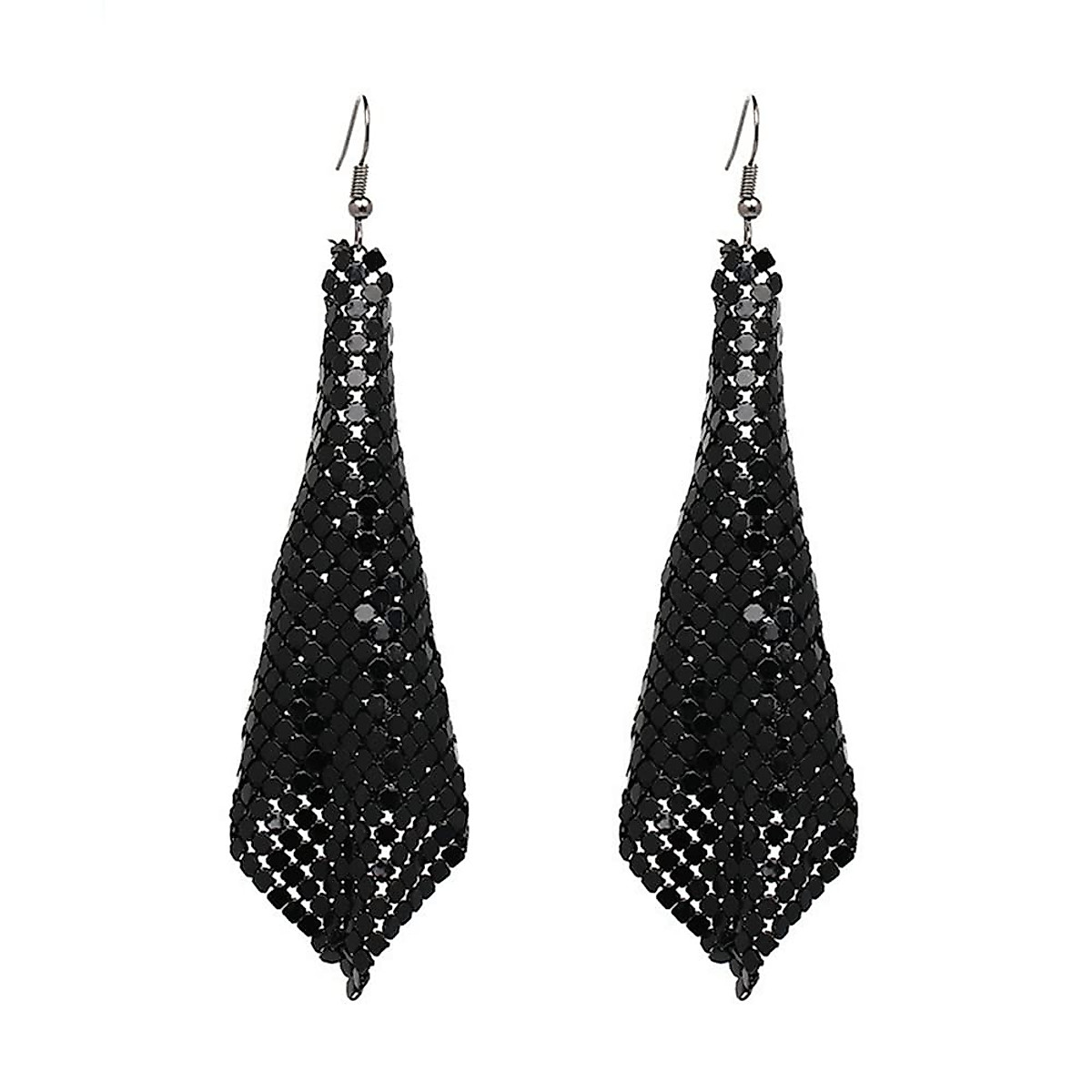 CHUNYANAN Metal Mesh Grid Sequins Gold Tassel Long Drop Dangle Earrings for Women Fashion Charm Tassel Earrings Jewelry Gift (Black Tassel Long Drop Earrings)