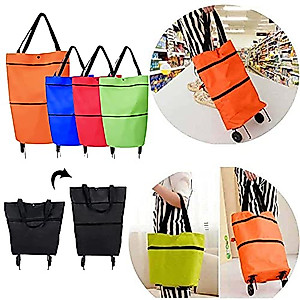 VALINK Shopping Cart with Wheels,2 in 1 Trolley Folding Hand-Pulling Shopping Bag,Portable Reusable Zipped Handbag Grocery Cart
