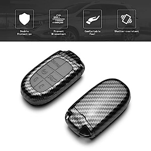 TANGSEN Smart Key Fob Case for Dodge RAM for Jeep Cherokee 3 4 5 Button Keyless Entry Remote Control Accessories Personalized Double Protective Cover ABS Plastic Carbon Fiber Pattern Black Silicone