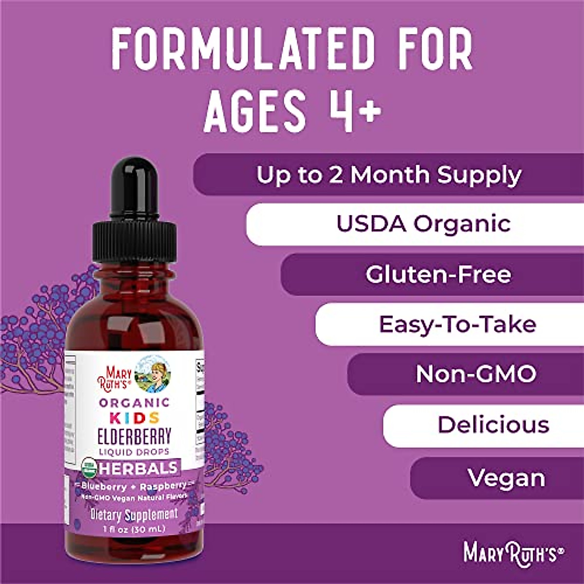 MaryRuth Organics Cocomelon Kids Elderberry Syrup, USDA Organic Elderberry, Sugar Free Kids Immune Support Supplement for Ages 4-13 Years, Clean Label Project Verified®, Vegan, Gluten Free, 1 Fl Oz