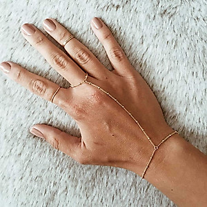 Obmyec Boho Gold Finger Ring Bracelets Beaded Slave Ring Hand Chain Harness Bracelet Hand Jewelry for Women