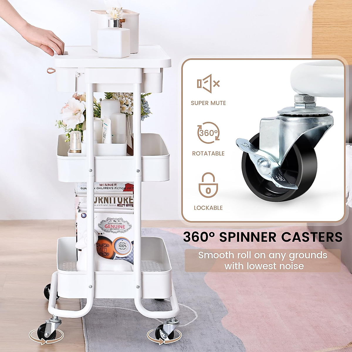 TOOLF Rolling Storage Cart with Drawer & Table Top, 3 Tier Metal Rolling Utility Cart, White Rolling Cart Organizer for Teacher Craft Baby Nursery, Utility Cart for Kitchen Bathroom Bedside Office