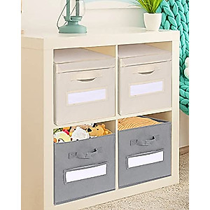 Collapsible Storage Containers Cubes 3pcs Fabric Cube Storage Bins with Lids for Organizing Shelves Home Bedroom Closet Office,Storage Boxes Baskets Organizer with Label & Pen,Large (Beige)