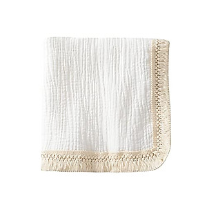 CHUNGEL Cotton Muslin Baby Blanket with Tassel，Large 47" x 47" Baby Receiving Blanket with Fringe, Boho Muslin Swaddle Blanket with Fringe, Nursery Decor Throw or Nursing Fringed Blankets (White)